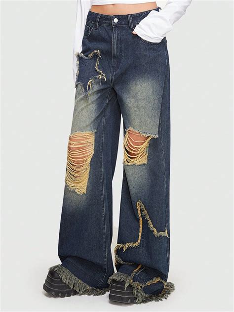 Romwe Grunge Punk Ripped Wide Leg Jeans School Women Clothes Sale