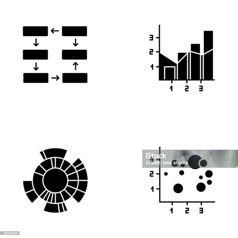 차트 및 그래프 문말 아이콘 세트입니다 데이터 연결 프로세스 단계 진행 단계 혼합 차트 선버스트 다이어그램 산란 풍선 차트 비즈니스 실루엣 기호입니다 벡터 절연 그림 0명에