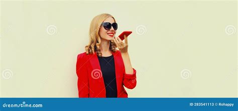 Portrait Of Beautiful Elegant Lady Woman Talking On Smartphone Using Voice Command Recorder