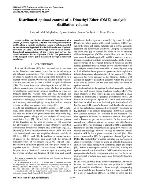 Pdf Distributed Optimal Control Of A Dimethyl Ether Dme Catalytic Distillation Column