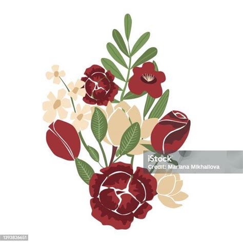 꽃다발 벡터 일러스트 레이 션 흰색과 빨간색 꽃 녹지 흰색 배경에 고립되어 있습니다 트렌드의 패션 일러스트 꽃 나무에 대한 스톡 벡터 아트 및 기타 이미지 Istock