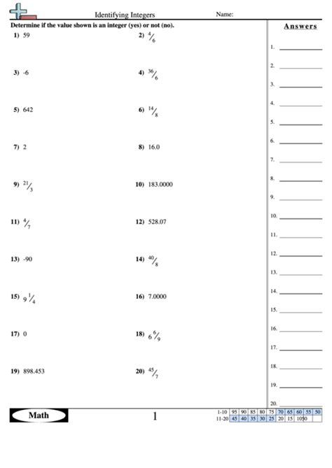 identifying integers worksheet with answer key printable pdf download