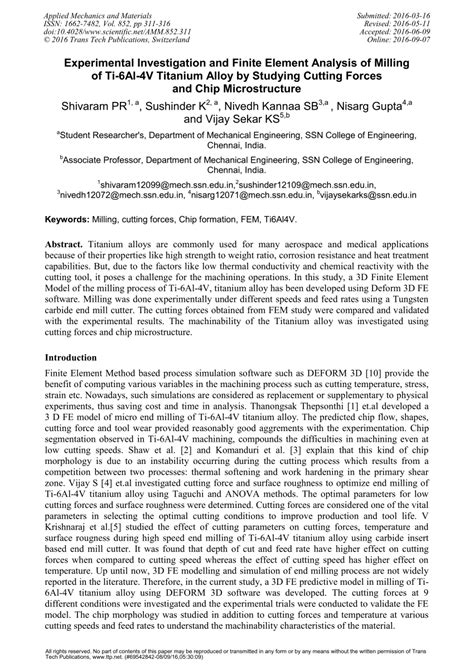 Pdf Experimental Investigation And Finite Element Analysis Of Milling Of Ti 6al 4v Titanium