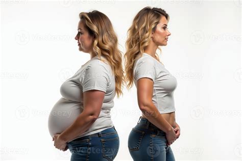 Before And After Skinny And Fat Chubby Woman On White Background