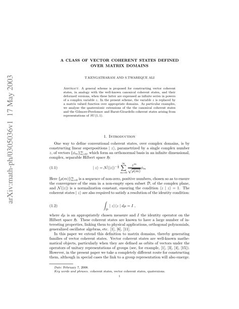 Pdf A Class Of Vector Coherent States Defined Over Matrix Domains
