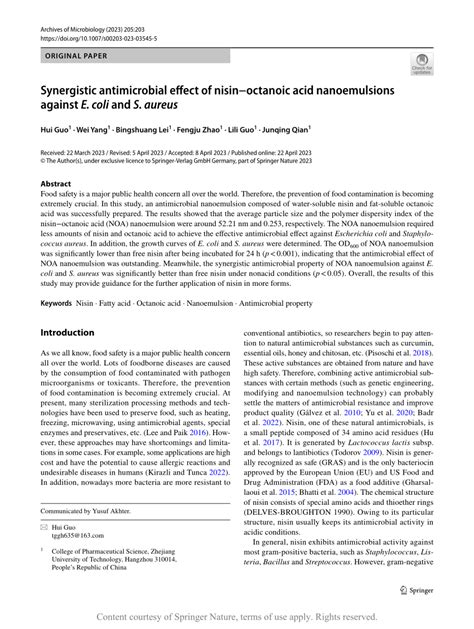 Synergistic Antimicrobial Effect Of Nisin−octanoic Acid Nanoemulsions Against E Coli And S Aureus