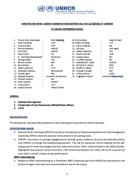Document Meeting Minutes Inter Agency Coordination Meeting 12 Oct 2018
