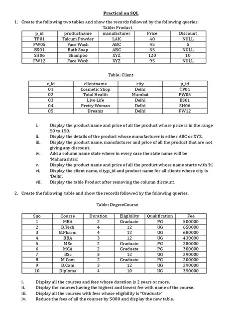 Practical On Sql Class 12 Pdf Sql Data Management Software