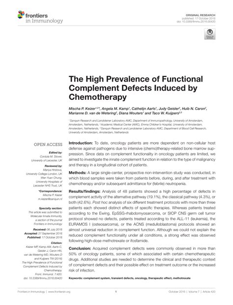 Pdf The High Prevalence Of Functional Complement Defects Induced By Chemotherapy
