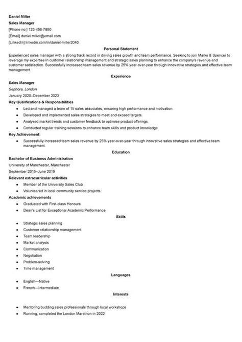 Marks And Spencer CV Example Writing Guide