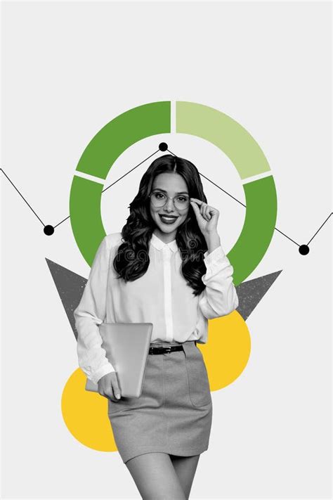 Vertical Photo Collage Of Happy Businesswoman Hold Laptop Stand Diagram
