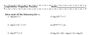 Logarithmic Properties Practice By Wilson Mathematics TPT