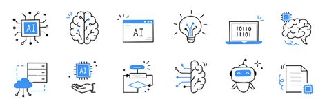 인공 인공 지능 두뇌 아이콘입니다 인공 지능 기계 디지털 로봇 손으로 그린 낙서 라인 아이콘입니다 인공 뇌 알고리즘 기계 과학 개념 손으로 그린 스케치 스타일 귀여운 파란색