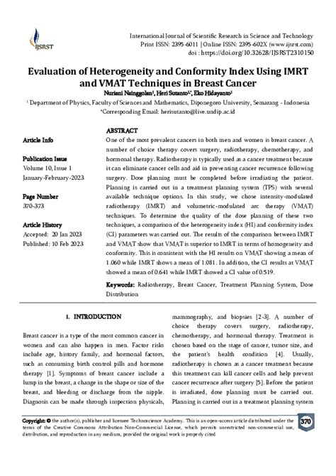Pdf Evaluation Of Heterogeneity And Conformity Index Using Imrt And Vmat Techniques In Breast