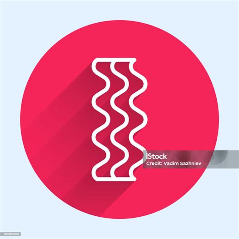 긴 그림자로 격리 된 화이트 라인 베이컨 스트라이프 아이콘 빨간색 원 버튼입니다 벡터 건강에 좋지 않은 음식에 대한 스톡 벡터