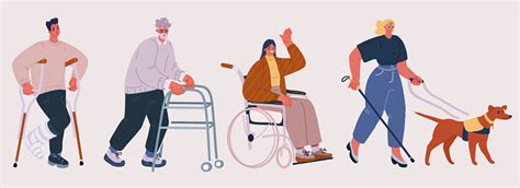 장애 치료 재활을 가진 사람들의 벡터 그림입니다 바삭바삭한 남자 바퀴를 타고 있는 여자 보행 프레임을 사용하는 노인 노인 안내견과 함께 걷는 시각 장애인 여성 실명에 대한