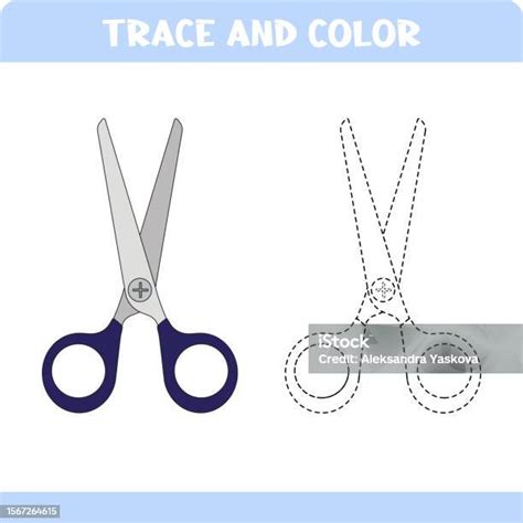 ติดตามและสีแผ่นงานการศึกษาสําหรับเด็ก การติดตามวัตถุ หน้าสีกิจกรรม กรรไกร ภาพประกอบสต็อก ดาวน์