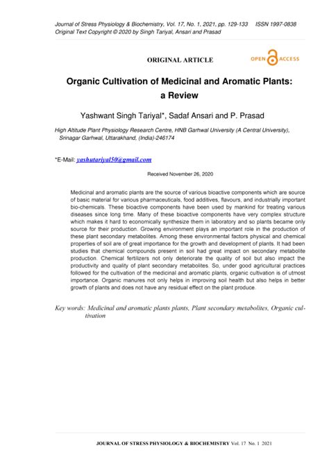 Organic Cultivation Of Medicinal And Aromatic Plants A Review Jspb