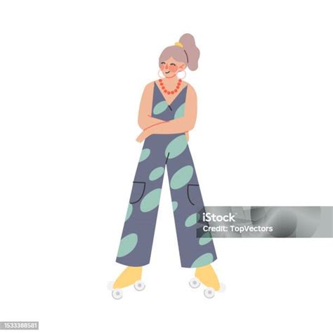 80년대 패셔너블한 스트리트 스타일 의상을 입은 웃는 소녀 작업복 만화 벡터 삽화에 아름 다운 소녀 길이에 대한 스톡 벡터 아트 및 기타 이미지 Istock