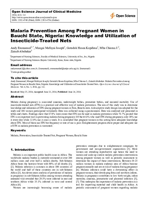 Pdf Malaria Prevention Among Pregnant Women In Bauchi State Nigeria