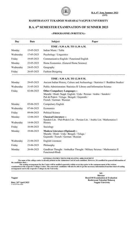 Rtmnu Bcom Ba Time Table Summer 2023