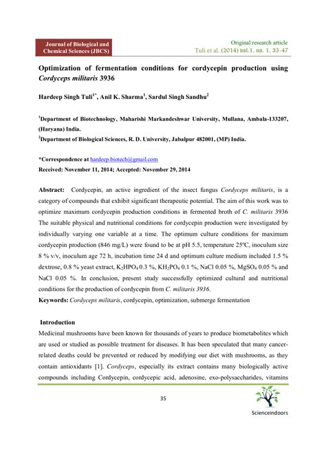 Pdf Optimization Of Fermentation Conditions For Cordycepin Production Using Cordyceps