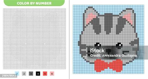 숫자로 색칠합니다 빨간 활을 가진 고양이 소년 아이스크림 픽셀 색칠 공부 번호가 매겨진 사각형 어린이를 위한 게임 0명에 대한 스톡 벡터 아트 및 기타 이미지 Istock