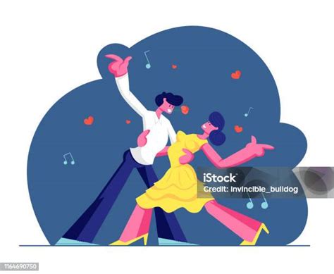 탱고 댄스와 젊은 커플 여가 시간 사람들 활동적인 라이프 스타일 사랑또는 친절한 관계에서 남자와 여자는 함께 시간을 보내고 디스코 댄스 레저 또는 취미 만화 플랫 벡터