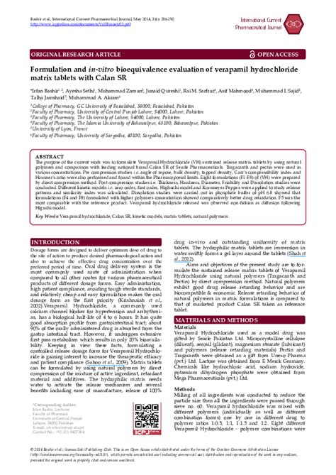 Pdf Formulation And In Vitro Bioequivalence Evaluation Of Verapamil Hydrochloride Matrix