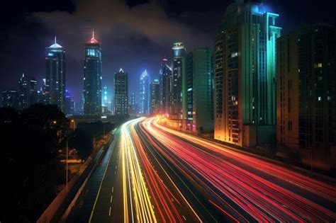 Premium Ai Image Ai Generative A Dynamic Cityscape At Night With Streaks Of Light From Passing