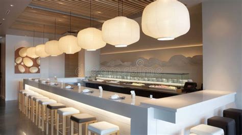 Contemporary Sushi Bar Interior With Modern Pendant Lights Empty