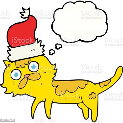 크리스마스 모자를 쓰고 자유형 그린 생각 거품 만화 고양이 0명에 대한 스톡 벡터 아트 및 기타 이미지 0명 귀여운