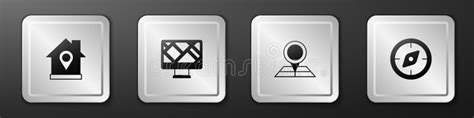 Set Location With House Monitor Map Location Folded Marker And Compass Icon Silver Square
