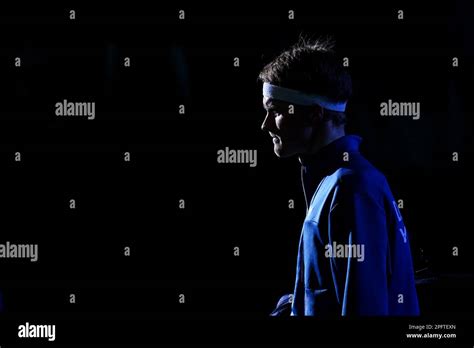 Denmarks Anders Antonsen Walks Out To Play Chinas Li Shi Feng During Day Five Of The Yonex All