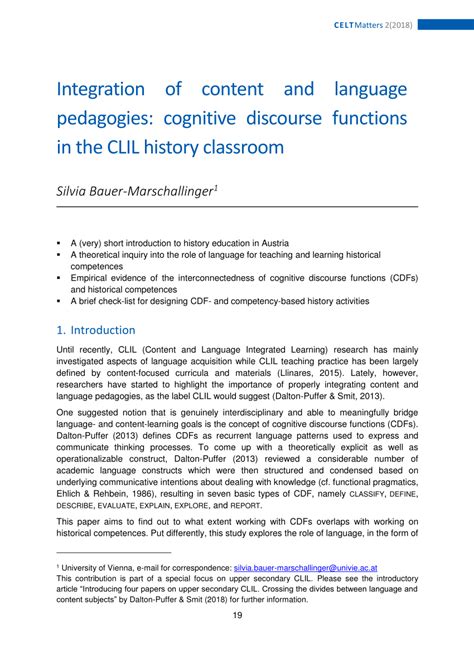 Pdf Integration Of Content And Language Pedagogies Cognitive Discourse Functions In The Clil