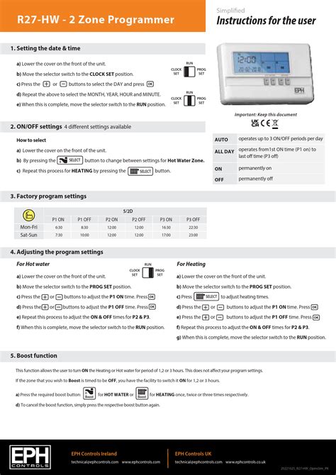 eph controls r27 2 zone programmer instruction manual