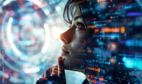 programming ai code and woman with focus hologram and digital