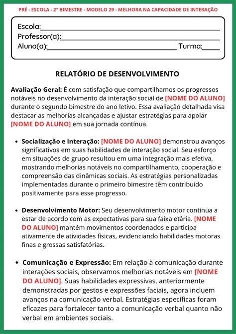 Relatórios De Desenvolvimento Para Pré Escola Só Atividades