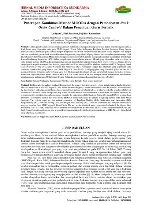 Pdf Penerapan Kombinasi Metode Moora Dengan Pembobotan Rank Order Centroid Dalam Penentuan