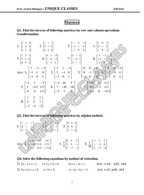 Matrices HW Prof Arvind Mahajans UNIQUE CLASSES XII Sci