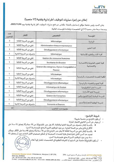 Concours Université Moulay Ismail 2023 17 Postes