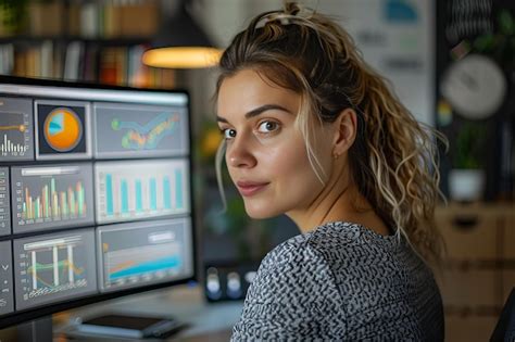 Premium Photo Woman Sitting At A Desk With A Computer Monitor And A Monitor Screen