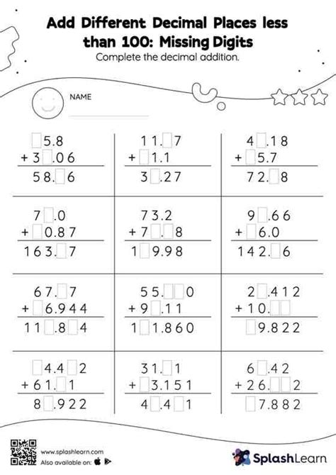 Add Different Decimal Places Less Than 100 Missing Digits Worksheet