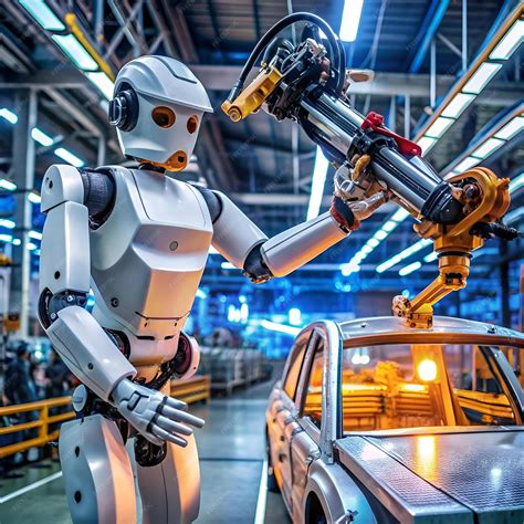 A Futuristic Robot Working On An Automobile Assembly Line Showcasing The Power Of Automation In