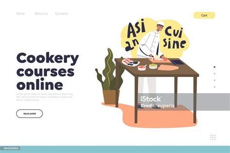 초밥을 만드는 남성 요리사 요리사와 함께 방문 페이지의 온라인 개념 요리 과정 남성에 대한 스톡 벡터 아트 및 기타 이미지 남성 쌀 주식 건강한 생활방식 Istock
