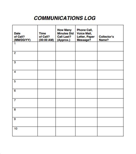 Communication Log Templates 10 Free Printable Word Pdf And Excel Log
