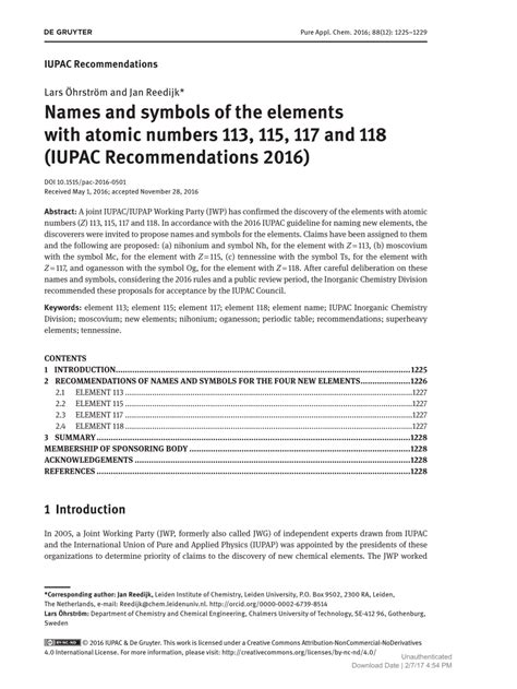 Pdf Names And Symbols Of The Elements With Atomic Numbers 113 115 117 And 118 Iupac