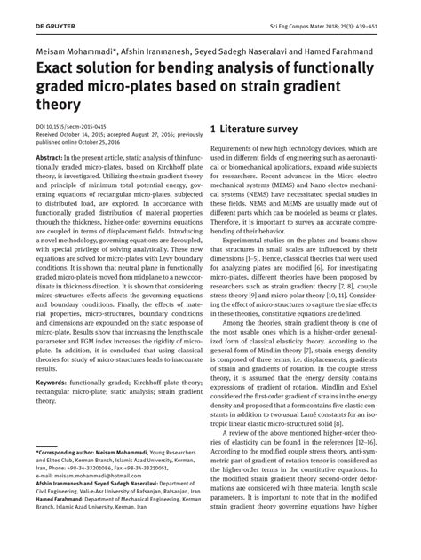 Pdf Exact Solution For Bending Analysis Of Functionally Graded Micro Plates Based On Strain