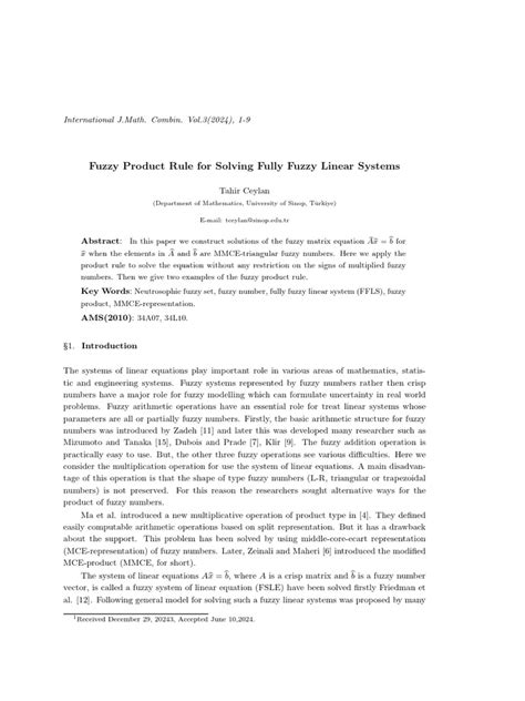 Fuzzy Product Rule For Solving Fully Fuzzy Linear Systems Pdf System Of Linear Equations