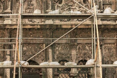 Reconstruction And Renovation Of Middle Ages Building With Carved In Stone Sculptures And